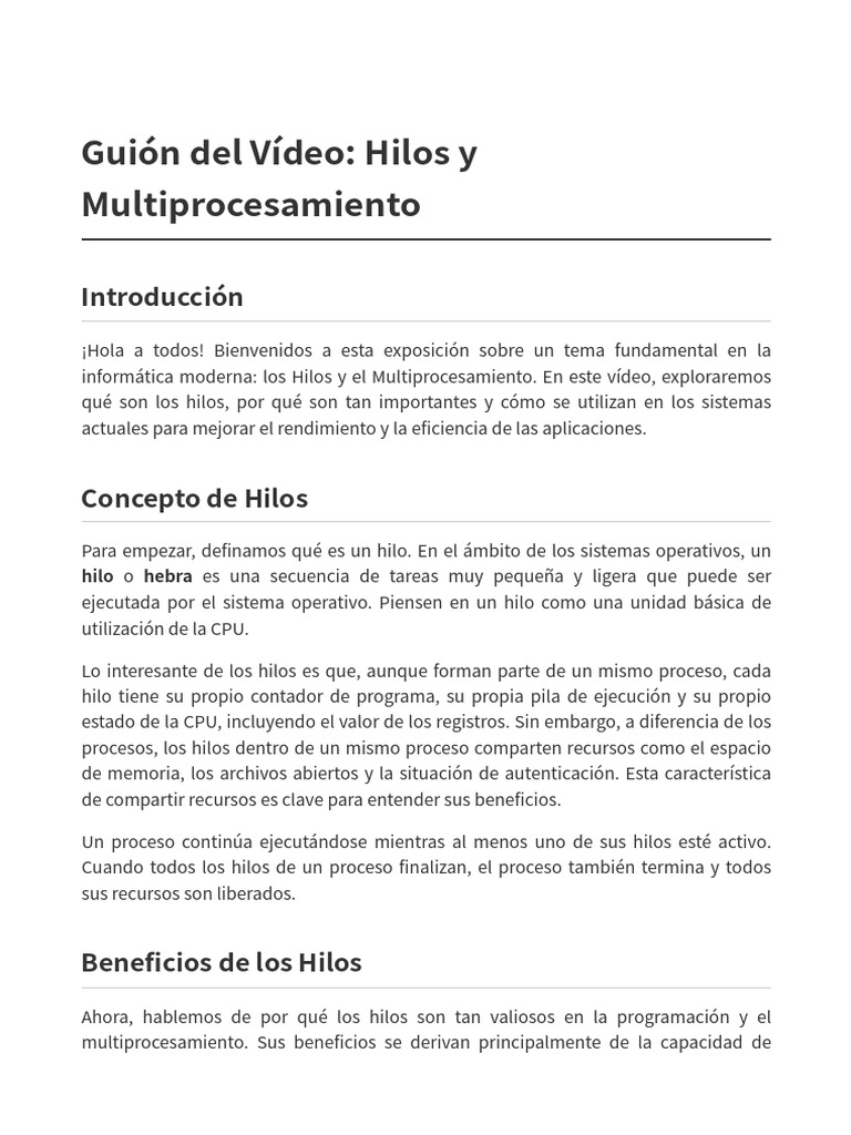 Guion Hilos Multiprocesamiento | PDF | Hilo (Computación) | Unidad Central de procesamiento