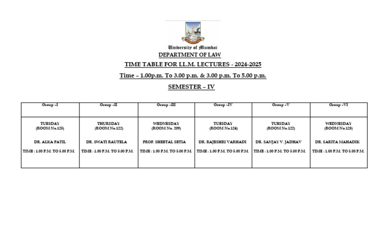 Ll.m. Sem - IV Time Table 2024 2025 | PDF