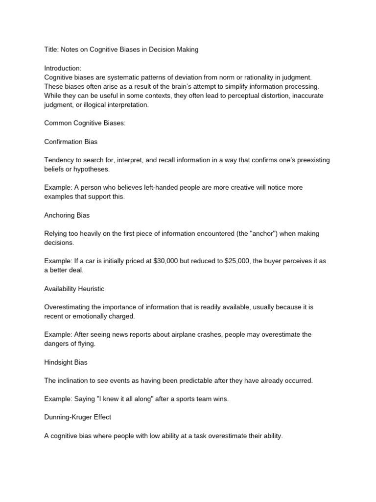 Notes On Cognitive Biases in Decision Making | PDF