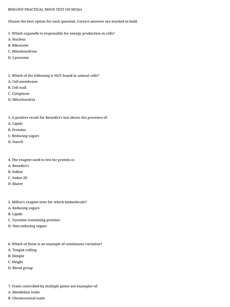 Biology Practical Mock Test: 50 MCQs | PDF | Cell (Biology) | Biology