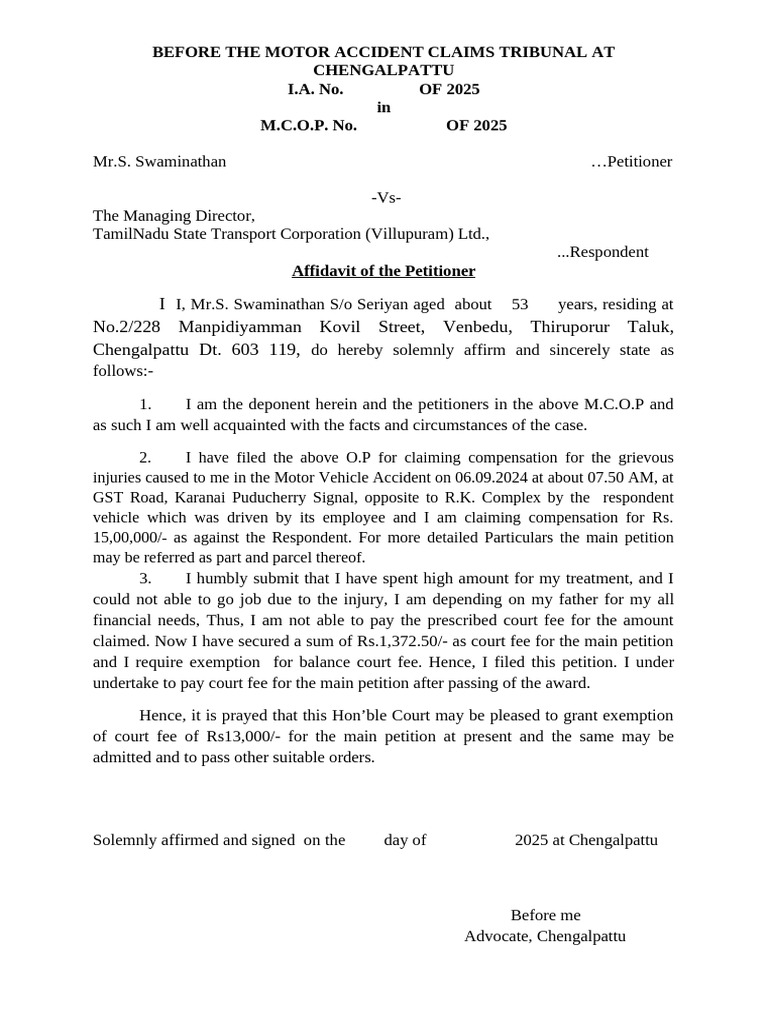 Court Fee Exemption Petition in MACT | PDF