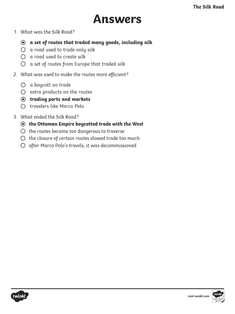 Answer Key Fifth Grade Silk Road Reading Comprehension Activity | PDF