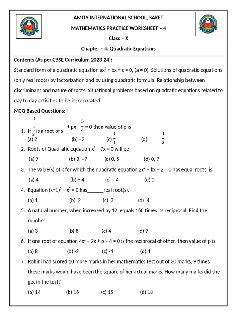 Quadratic Equations Practice Worksheet | PDF | Quadratic Equation ...