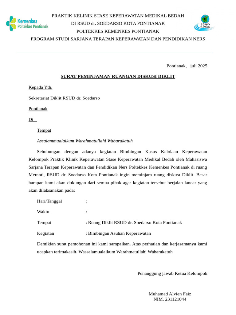 Surat Peminjaman Ruangan Diklit | PDF