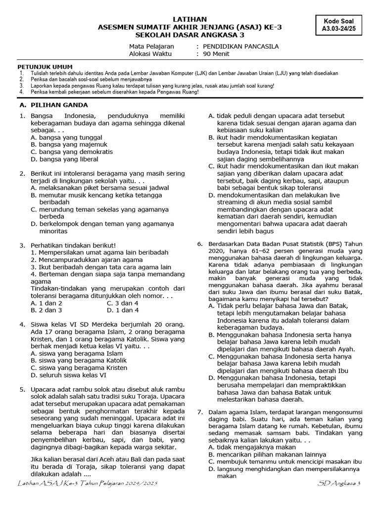 Latihan ASAJ PPKn SD Angkasa 3 2024 | PDF