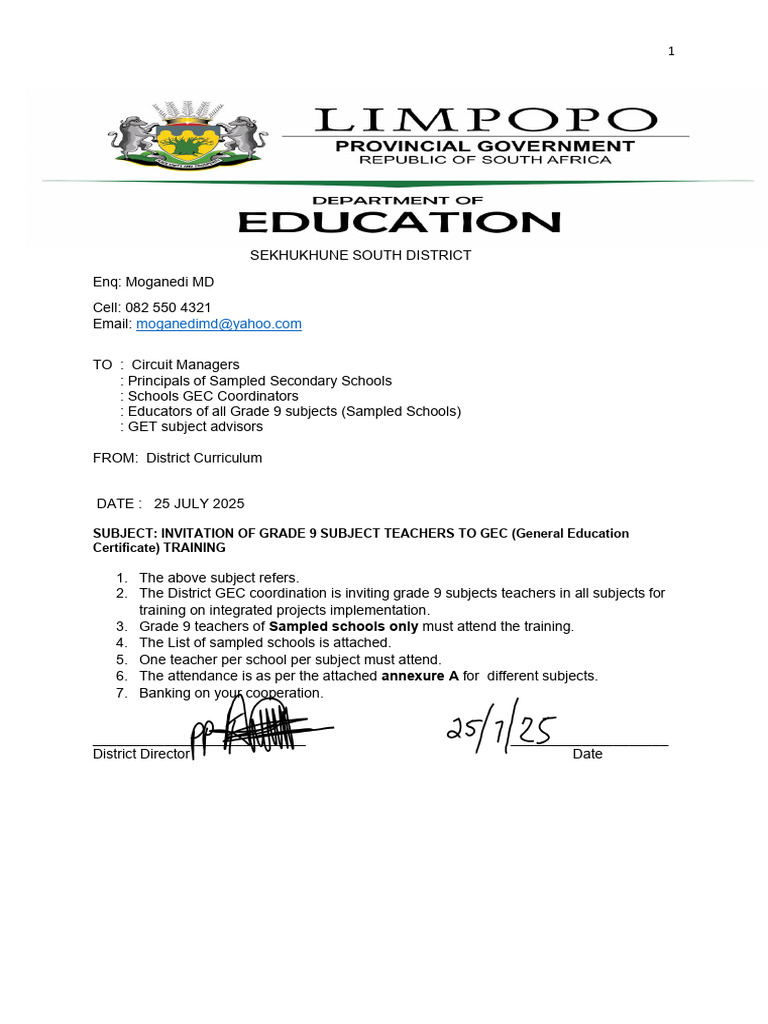 Gec Training Circular For Grade 9 Teachers August 2025 - Signed | PDF ...