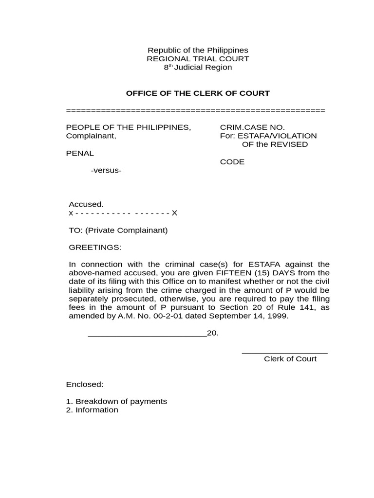 Estafa Case Filing Instructions Philippines | PDF