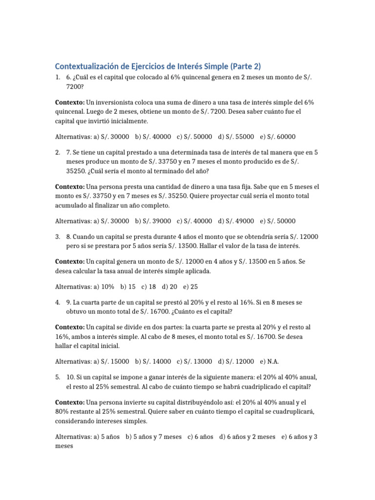 Contextualizacion Ejercicios Interes Simple Parte2 | PDF | Interés | Economias