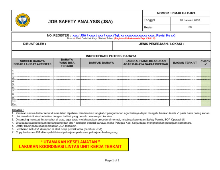 Formulir Job Safety Analysis (JSA) | PDF