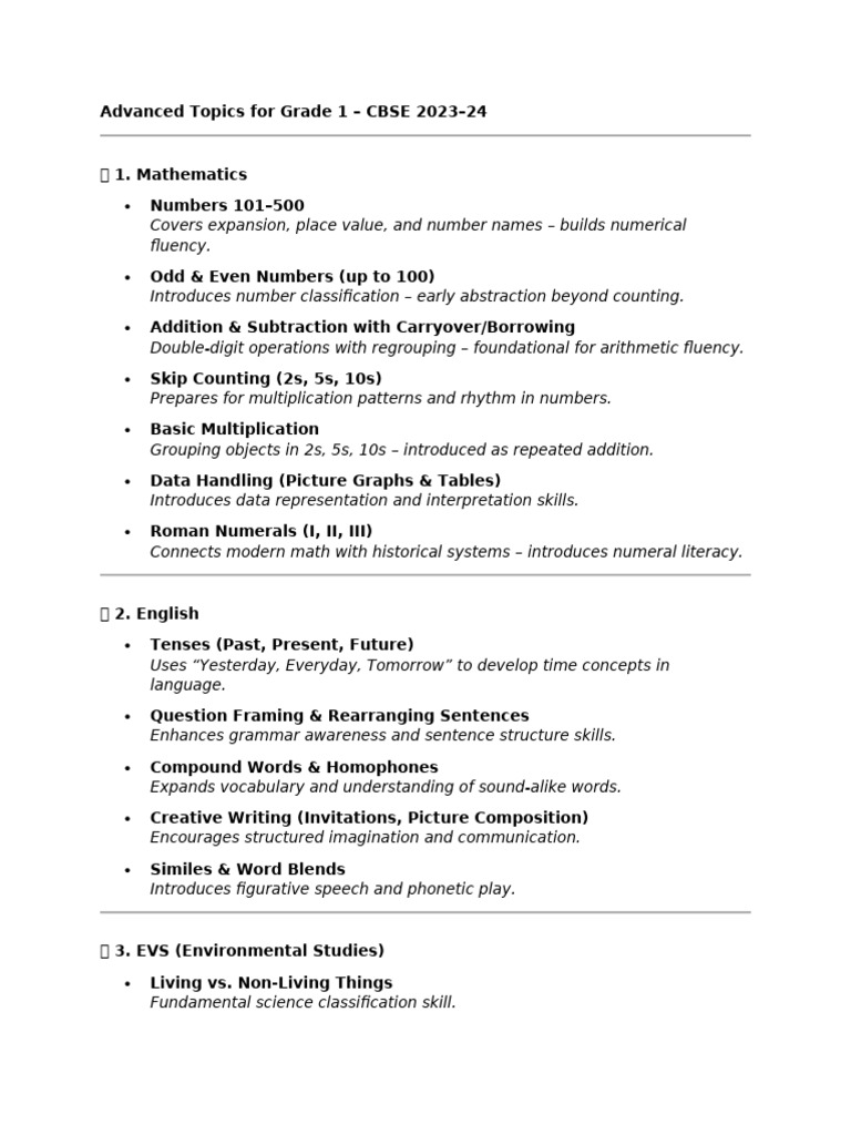 Grade 1 Advanced Topics CBSE 2023-24 | PDF | Data | Numbers