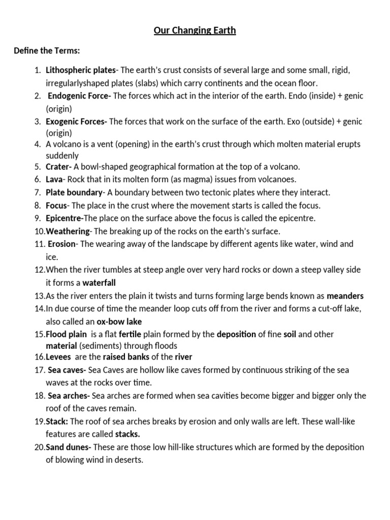 Class 10 Notes on Earth's Changes | PDF | Volcano | Erosion
