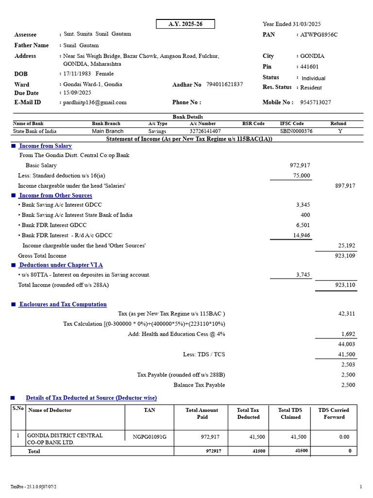 Income Tax Return Summary 2025-26 | PDF | Taxation | Economies