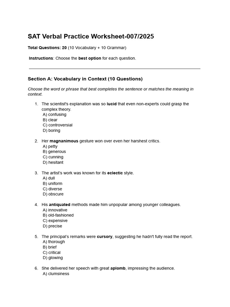 SAT Verbal Practice Worksheet-007 - 2025 | PDF | Verb | Linguistic Typology