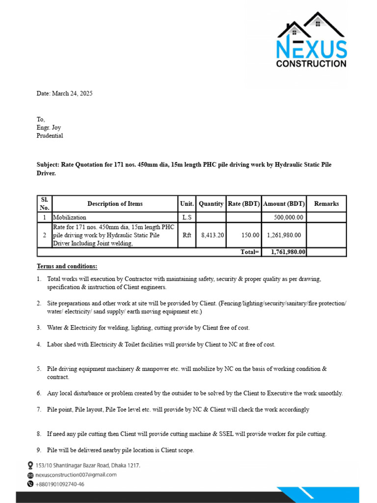 PHC Pile Driving Quot | PDF