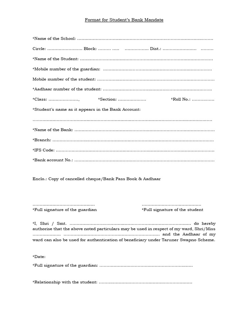 Student Bank Mandate Form Format | PDF