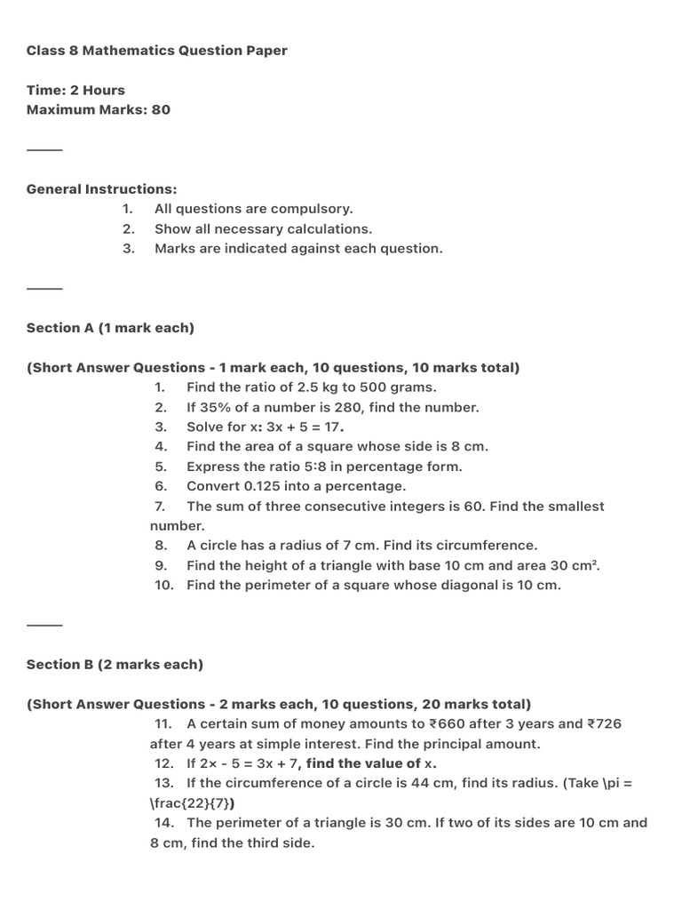 Class 8 Mathematics Question Paper | PDF | Area | Elementary Geometry