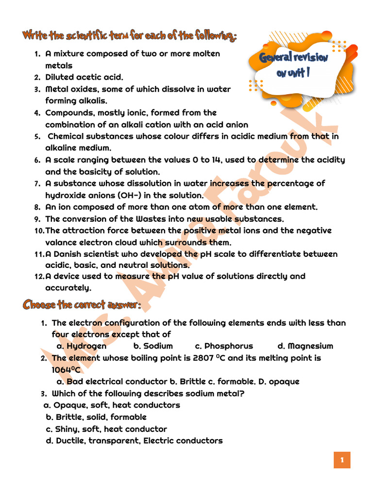 Chemistry Concepts and pH Scale Quiz | PDF | Hydroxide | Salt (Chemistry)