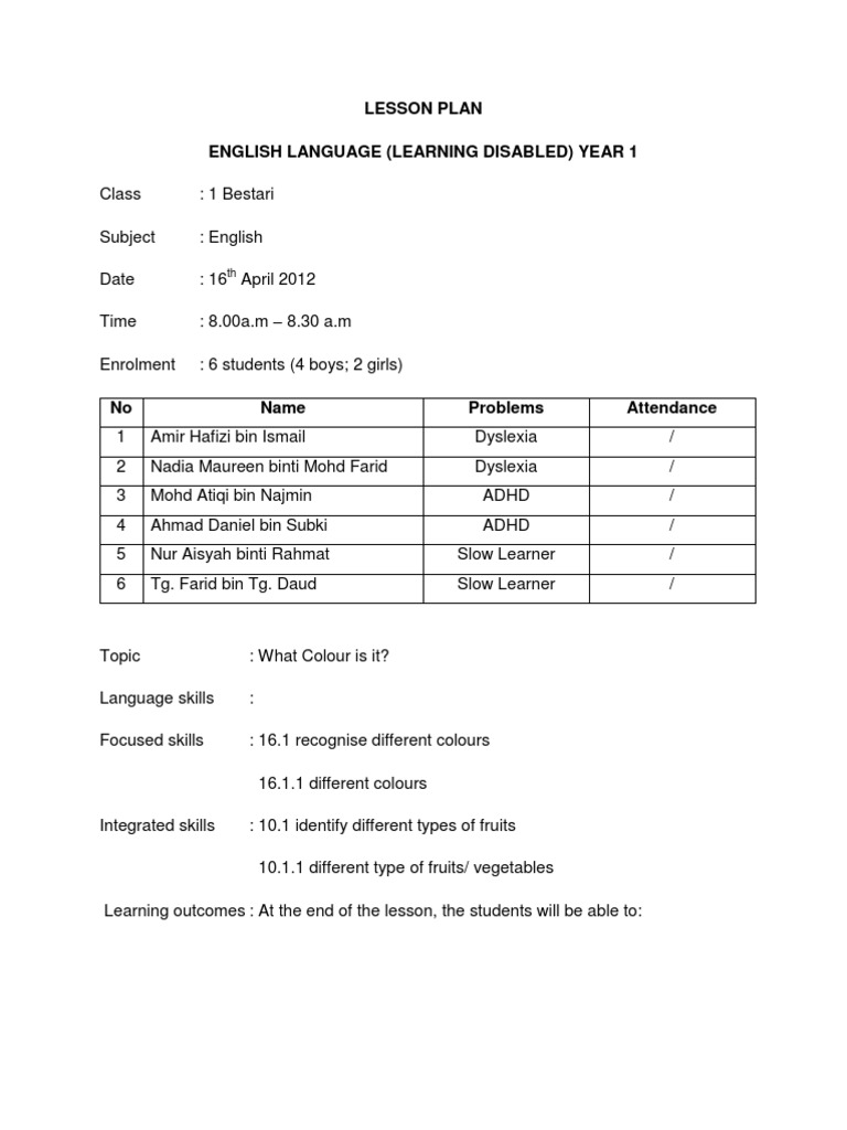 Lesson Plan | PDF | Learning Disability | Lesson Plan