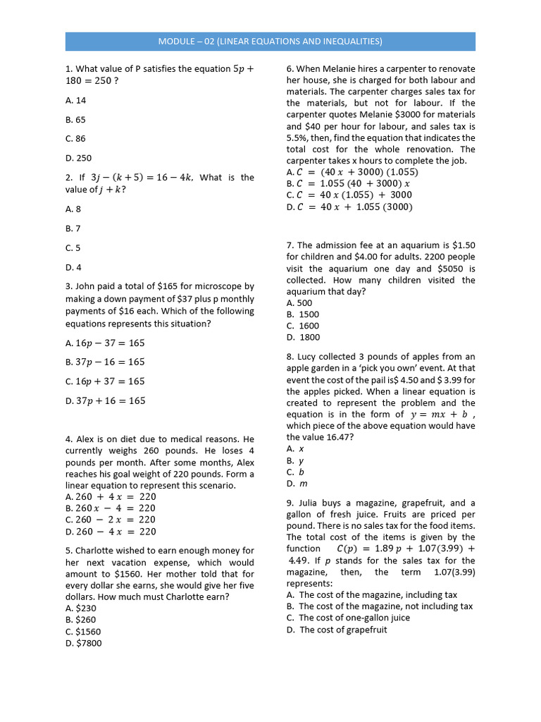 Linear Equations and Inequalities Exercises | PDF