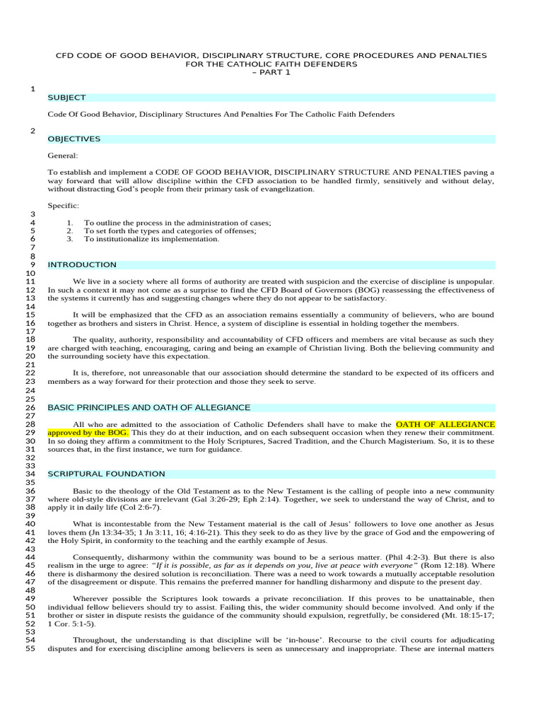 Part 1 CFD CODE of Good Behavior, Disciplinary Structure, Core ...