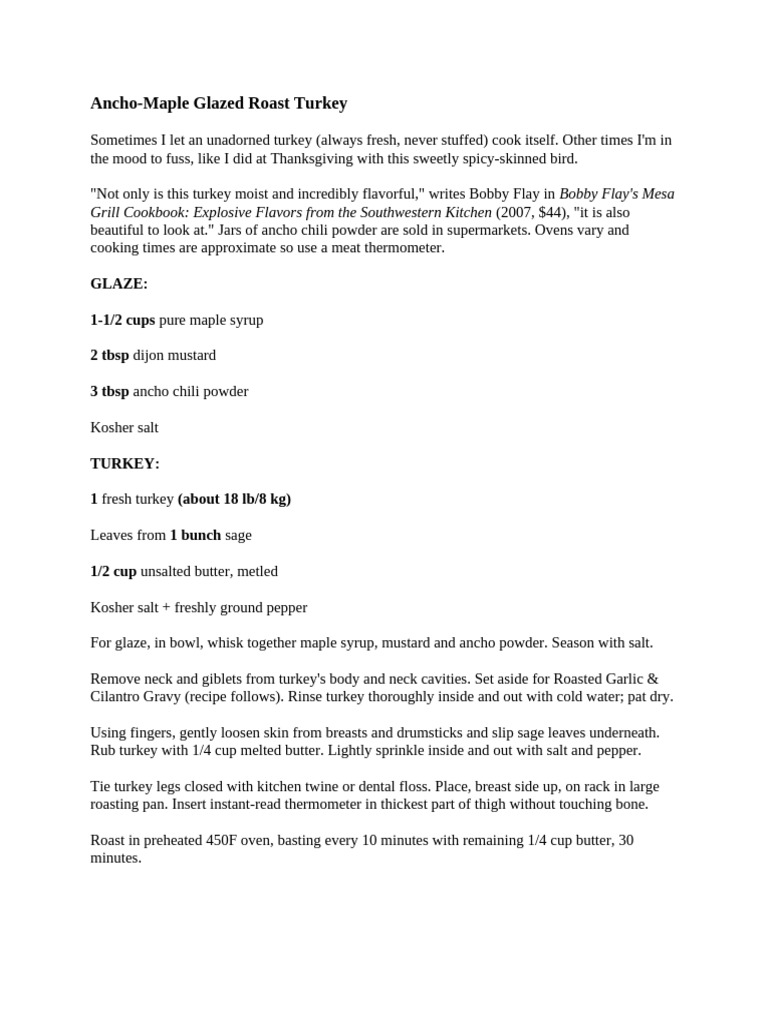 Ancho-Maple Glazed Roast Turkey Recipe | PDF | Roasting | Garlic