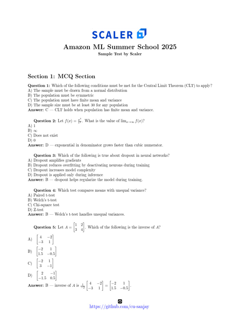 Amazon ML Summer School 2025 Test Guide | PDF | Multicollinearity ...