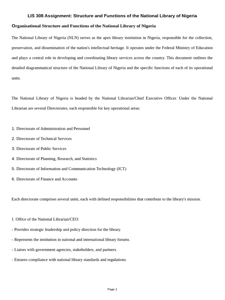 LIS 308 Assignment National Library Structure v2 | PDF | Libraries | Information Science