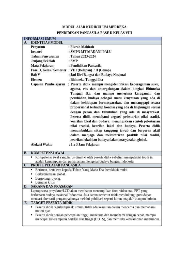 Modul Ajar Pertemuan 1 Siklus 1 | PDF