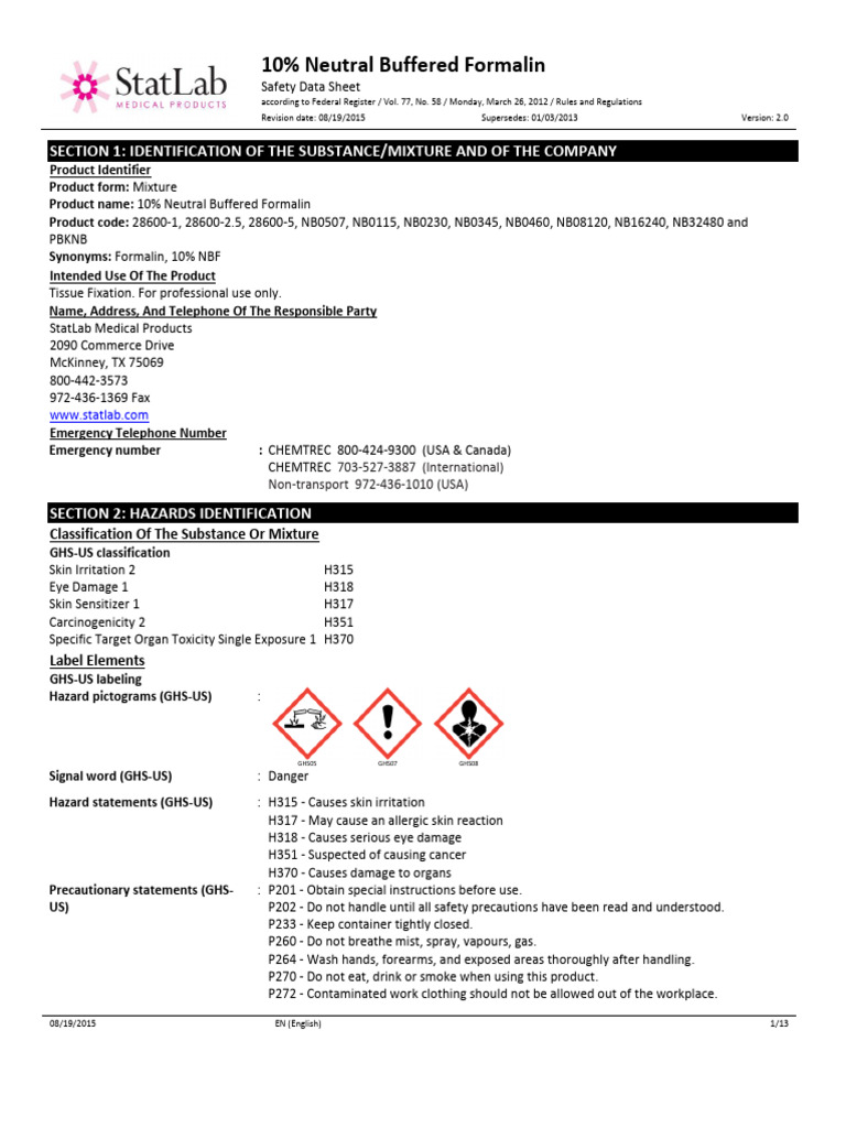 SDS 10 Neutral Buffered Formalin V2.0 | PDF | Formaldehyde | Carbon Dioxide