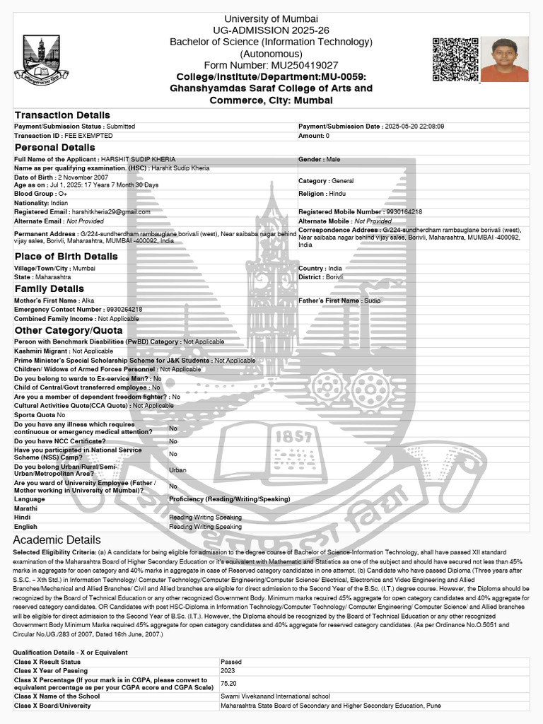 Harshit Admission Form - Compressed | PDF | University And College Admission | Academic Degree