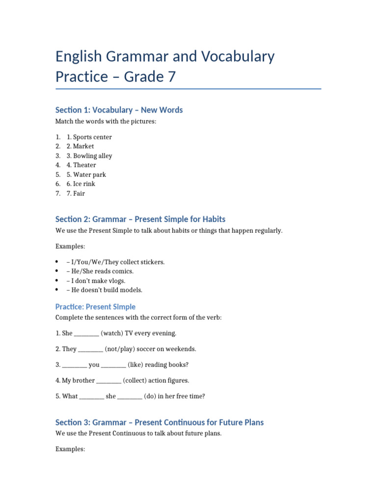 Grade 7 English Grammar and Vocab Practice Updated | PDF | Linguistics