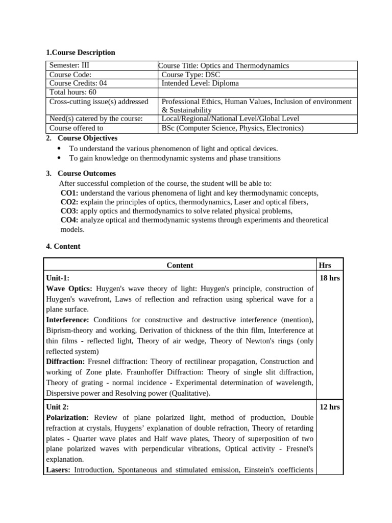Optics and Thermodynamics Course Overview | PDF | Entropy | Diffraction