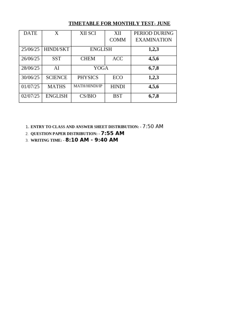June 2025 Monthly Test Timetable | PDF