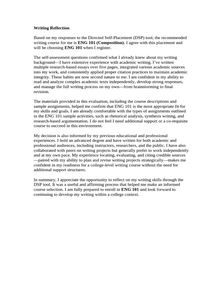 ENG 101 Course Placement Reflection | PDF