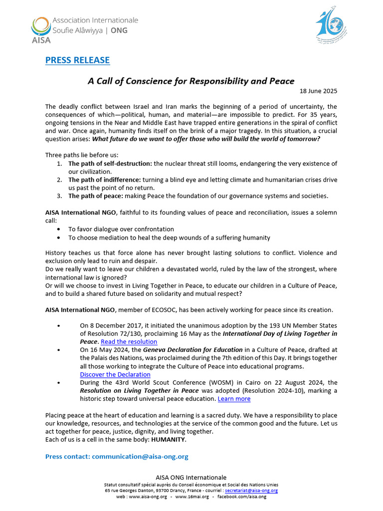 Press Release - 18 June 2025 - AISA NGO | PDF | Peace | International Relations