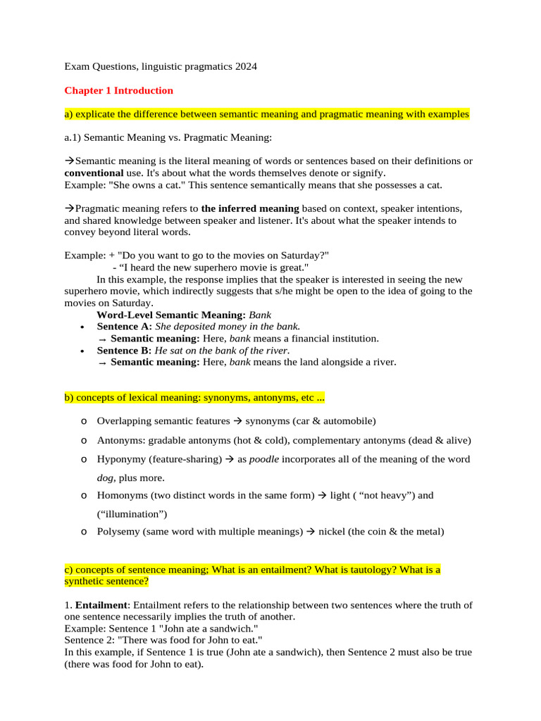 Exam Questions - Pragmatics - 2024 | PDF | Semantics | Linguistics