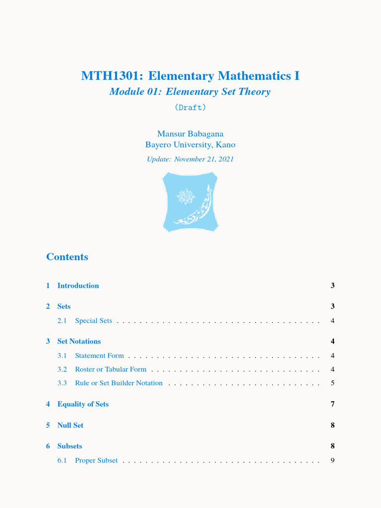 MTH1301 Module01 ElementarySetTheory - Draft | PDF | Set (Mathematics ...