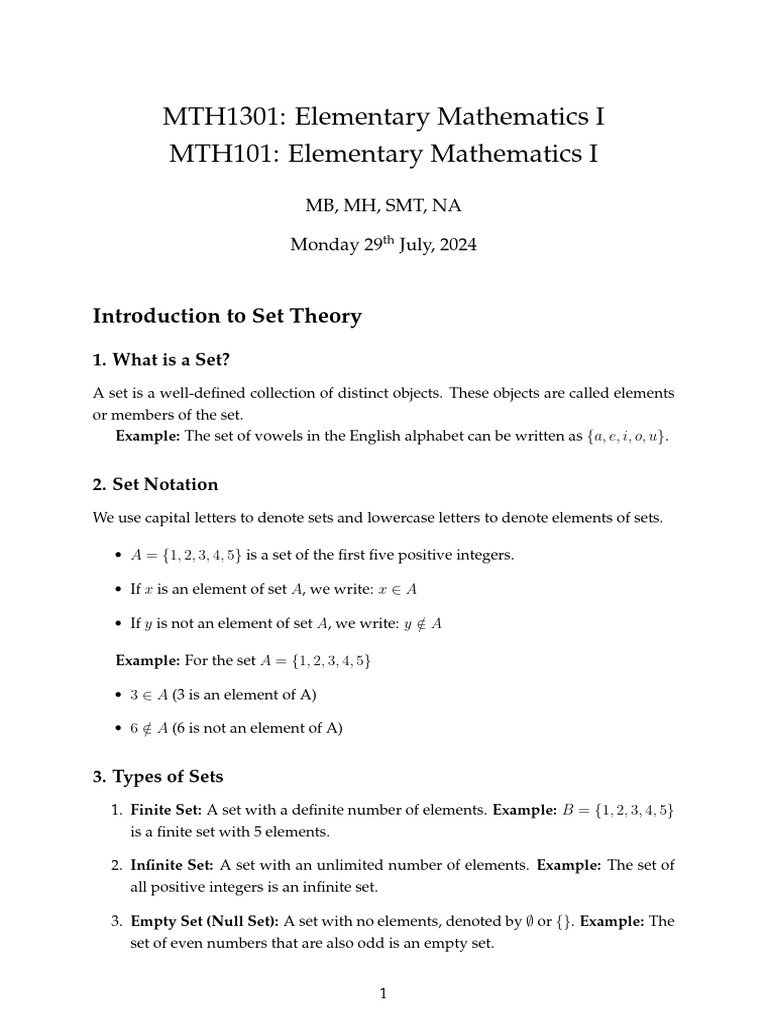 MTH1301 - MTH101 Week 1 (Introduction To Set Theory) | PDF | Set (Mathematics) | Element ...