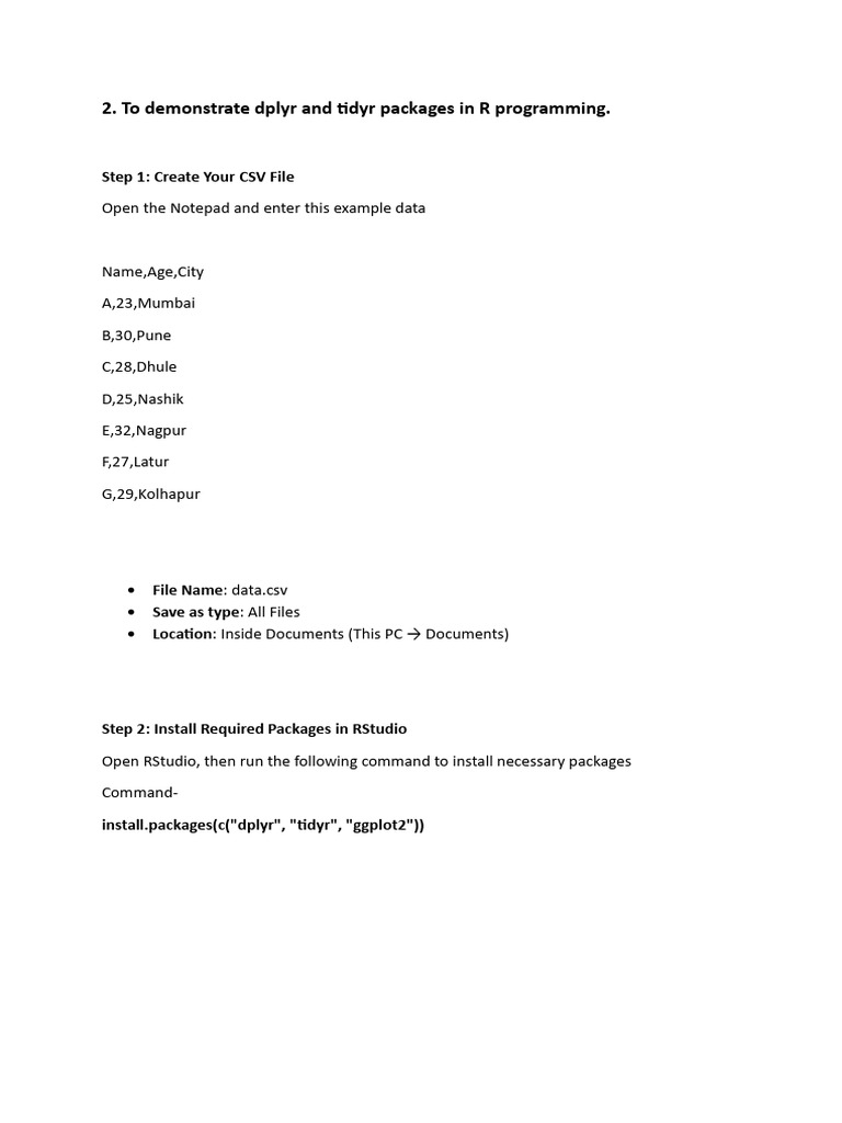 To Demonstrate Dplyr and Tidyr Packages in R Programming | PDF