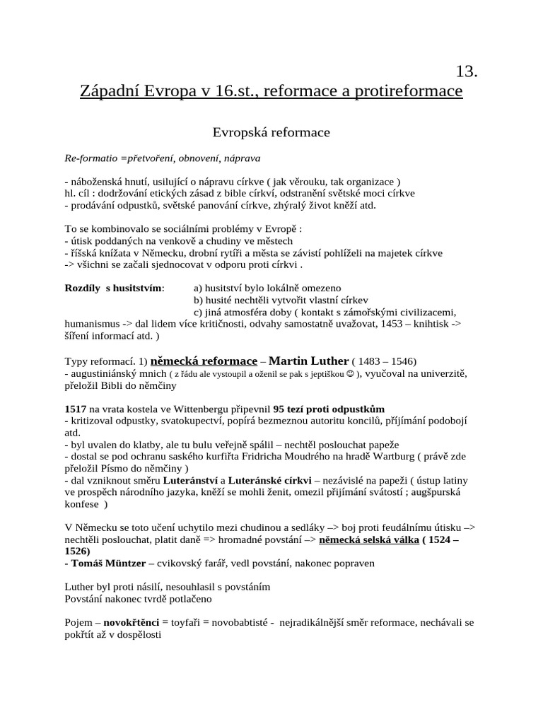 13.západní Evropa V 16.St., Reformace A Protireformace | PDF