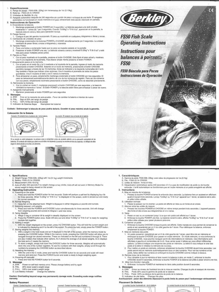Berkley FS50 Fish Scale Manual Operating Instructions | PDF | Cambio ...