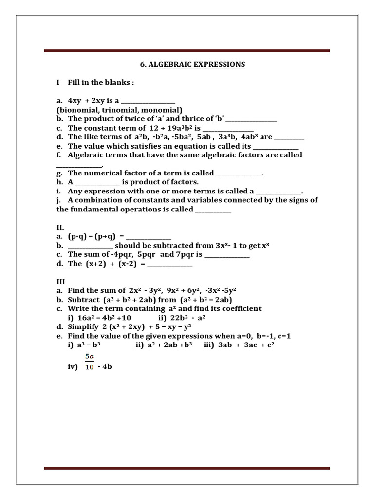 CBSE Clas 7 Maths Worksheet - Algebraic Expression | PDF
