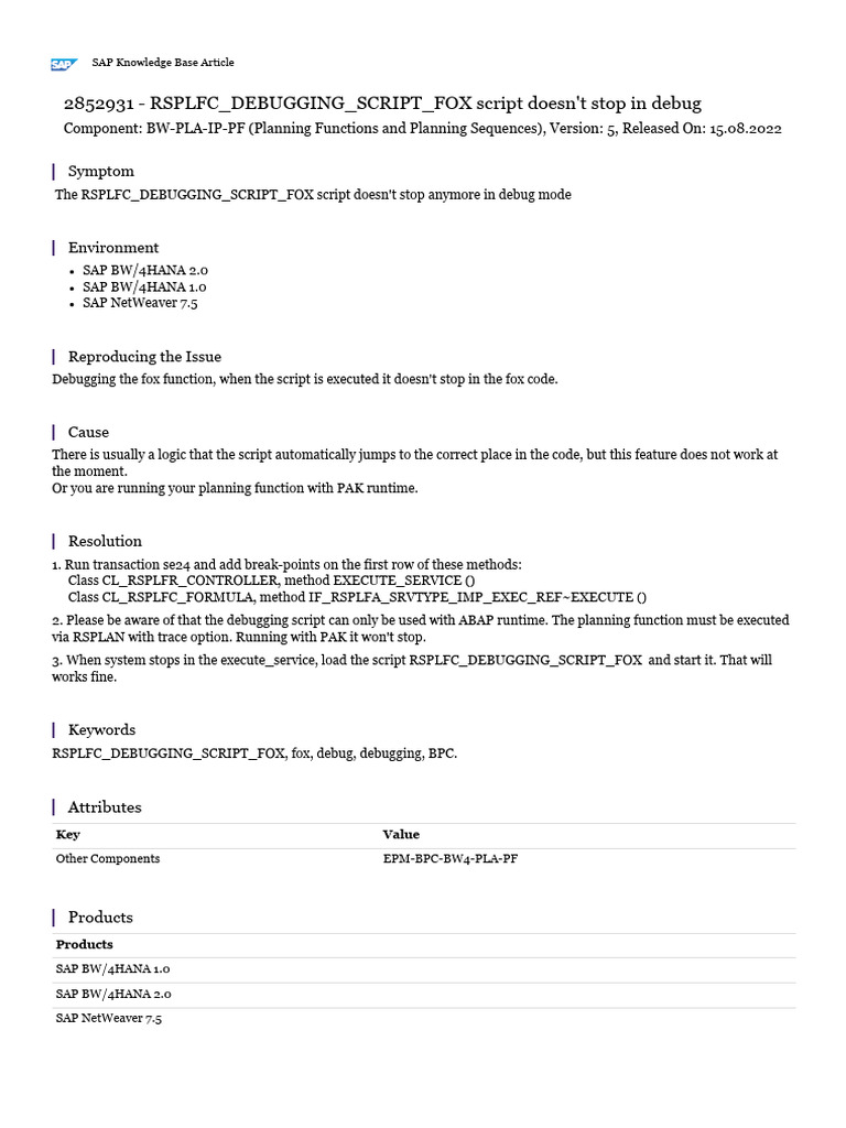 SAP Note For Fox Debug Rules | PDF