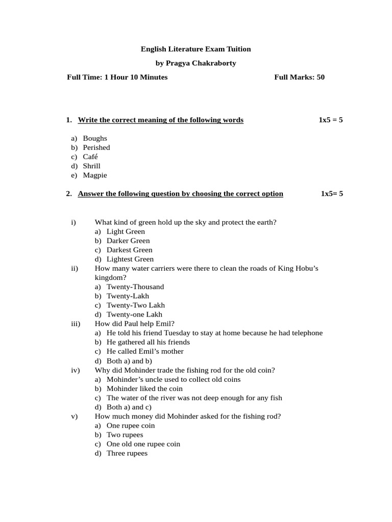 Class 5 Student Question Paper | PDF