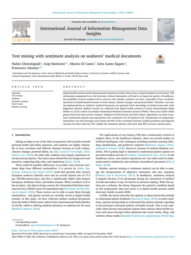 (2021) (Elsevier) Text Mining With Sentiment Analysis On Seafarers' Medical Documents | PDF
