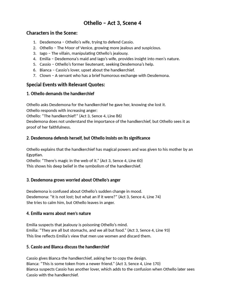 Othello Act 3 Scene 4 Analysis | PDF | Othello | Iago