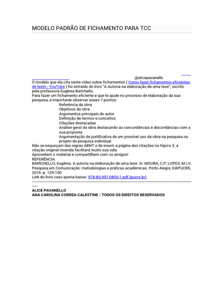 Modelo de Fichamento Iniciante | PDF