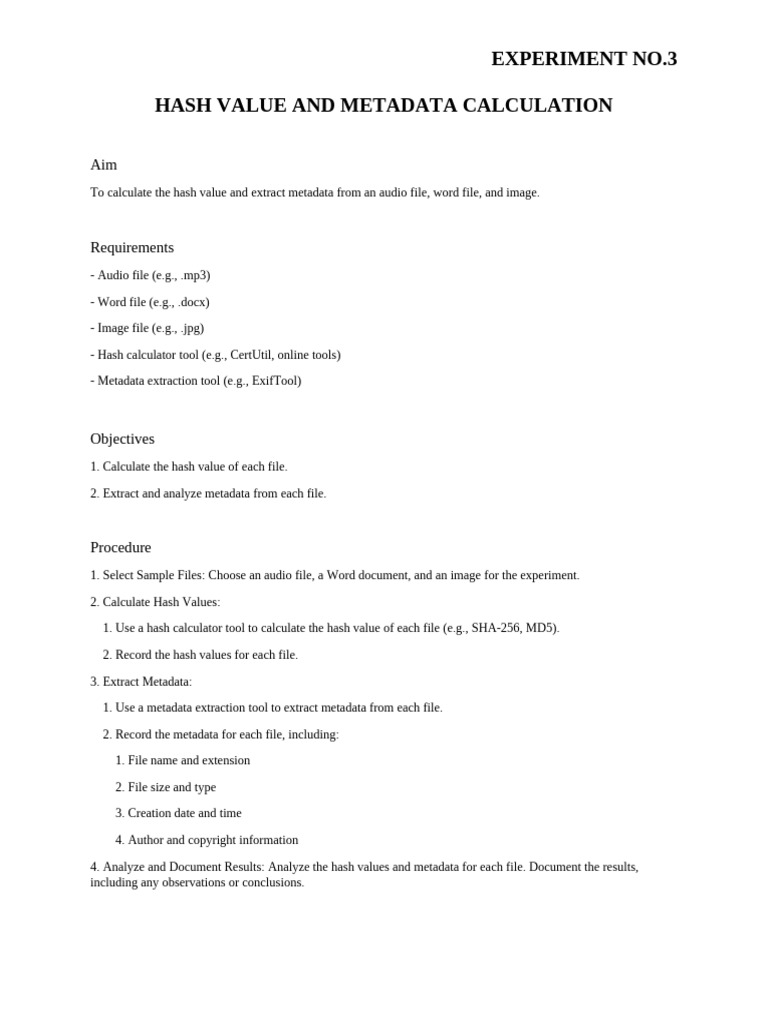 Experiment No.3 Hash Value and Metadata Calculation | PDF