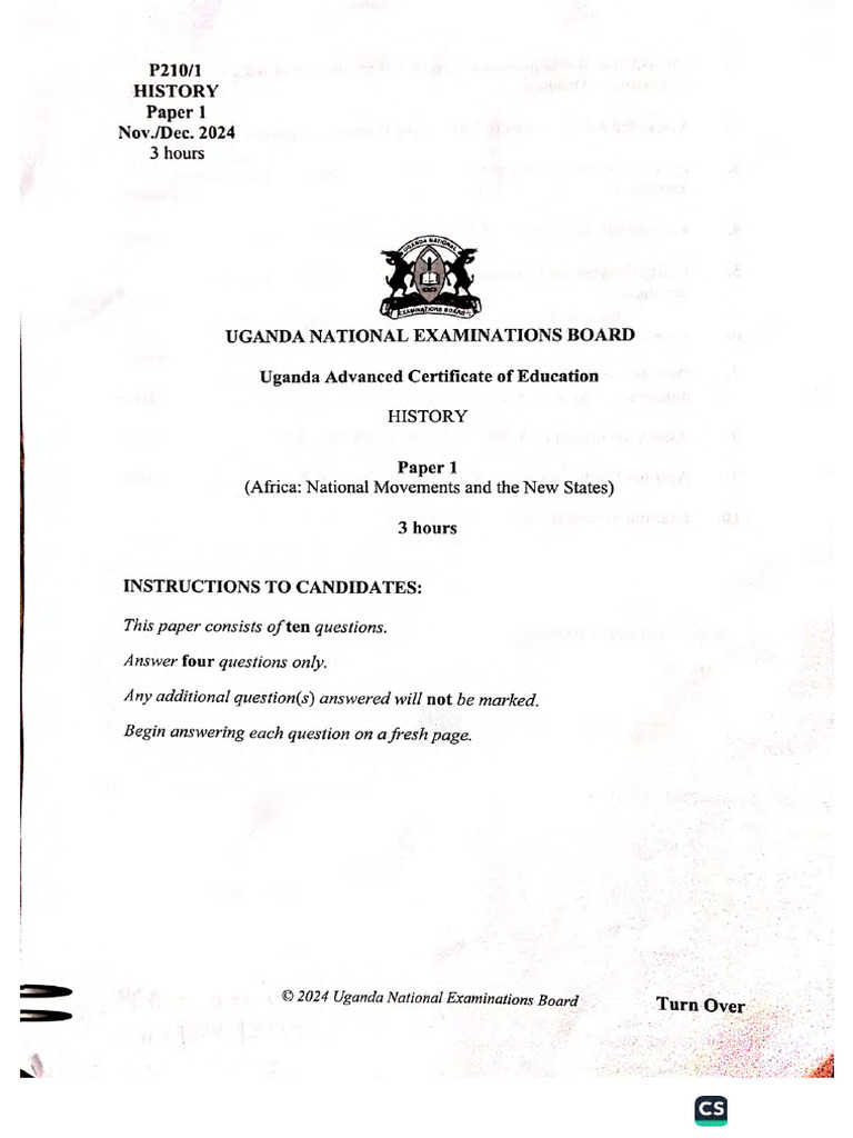 UNEB UACE History Paper 1 Examinations 2024 | PDF