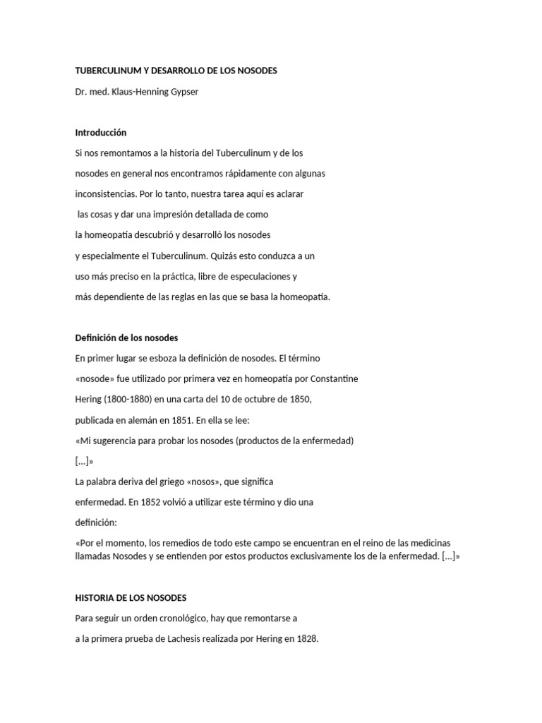 Tuberculinum y El Desarrollo de Los Nosodes DR K H Gypser | PDF ...